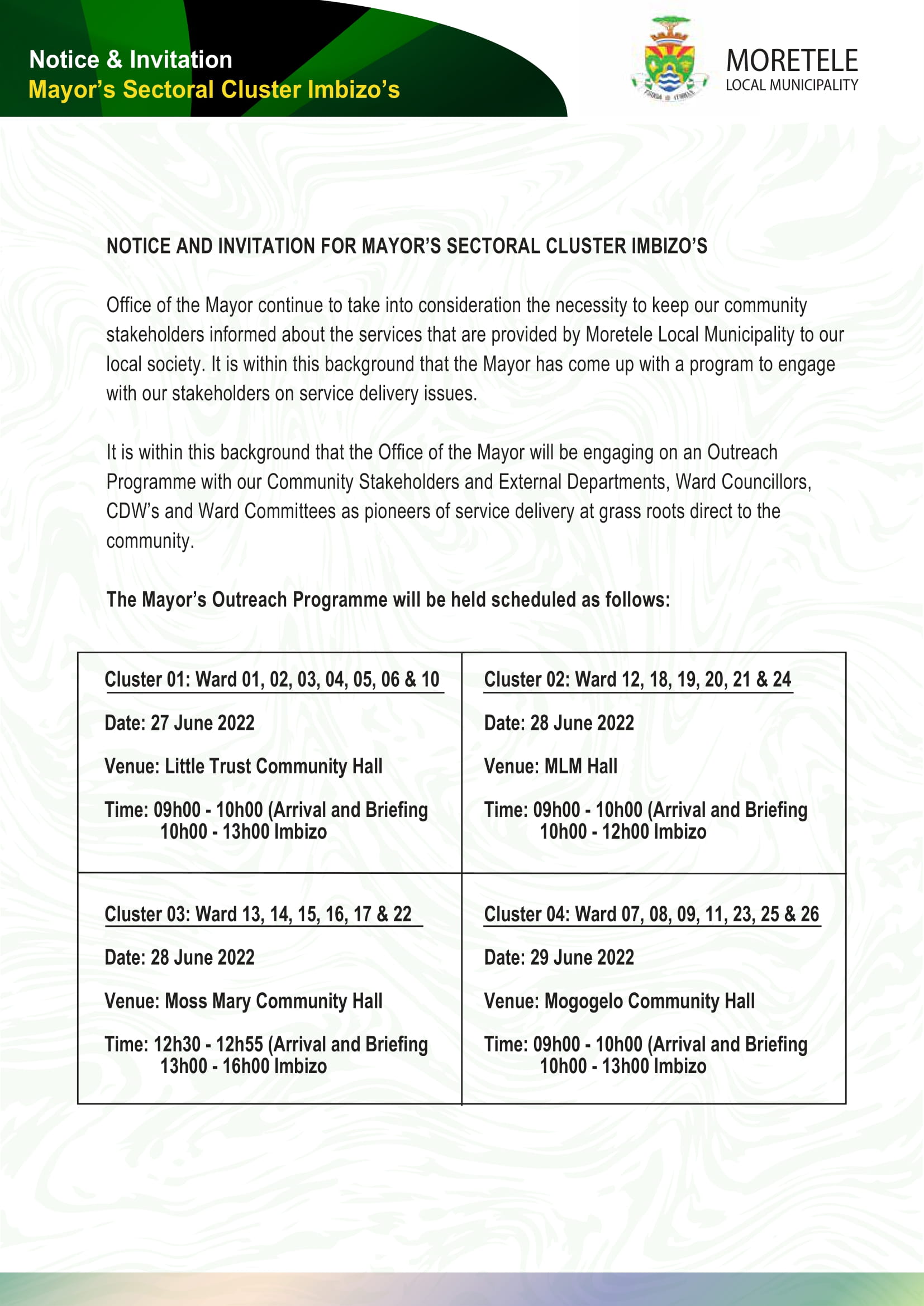 Mayor’s Sectoral Cluster Imbizo - Moretele