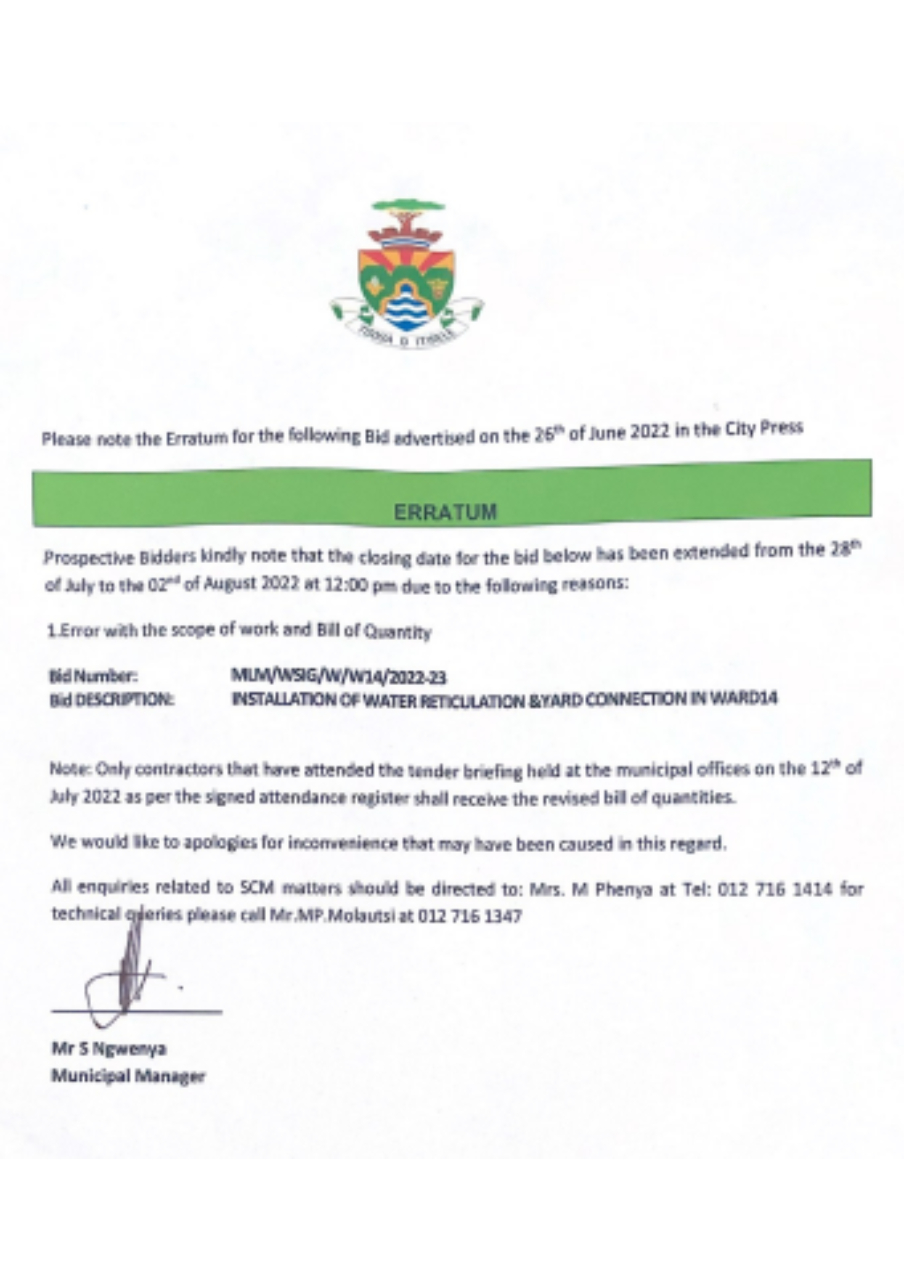 Erratum Notice – MLM/WSIG/W/W14/2022-23 - Moretele