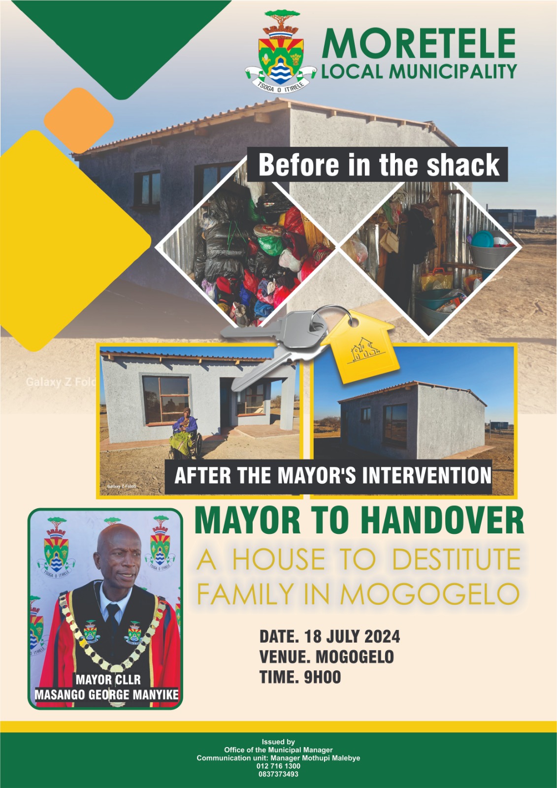 MAYOR TO HANDOVER A HOUSE TO DESTITUTE FAMILY IN MOGOGELO - Moretele